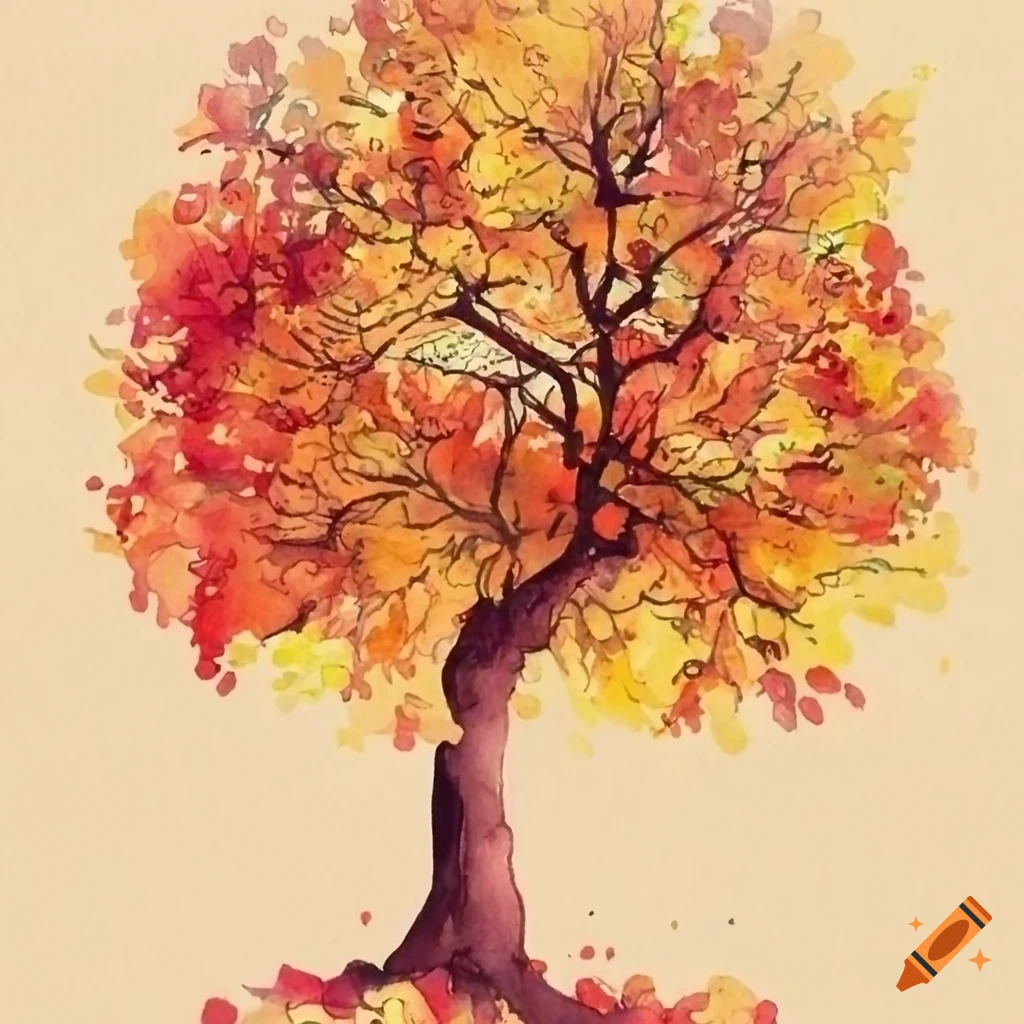 Intricately rendered apple tree in autumn colors with ink and ...