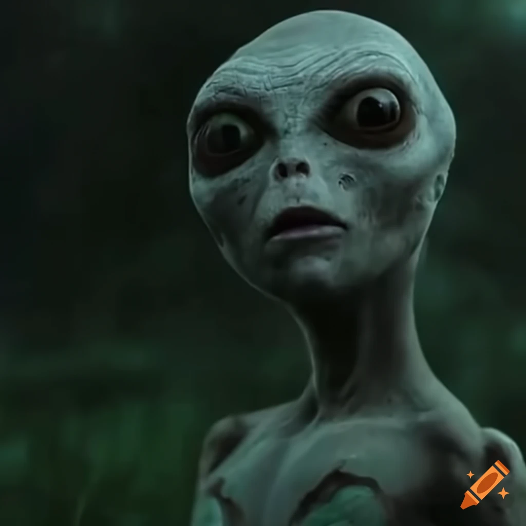 Alien running in a grass field with a man in the distance on Craiyon