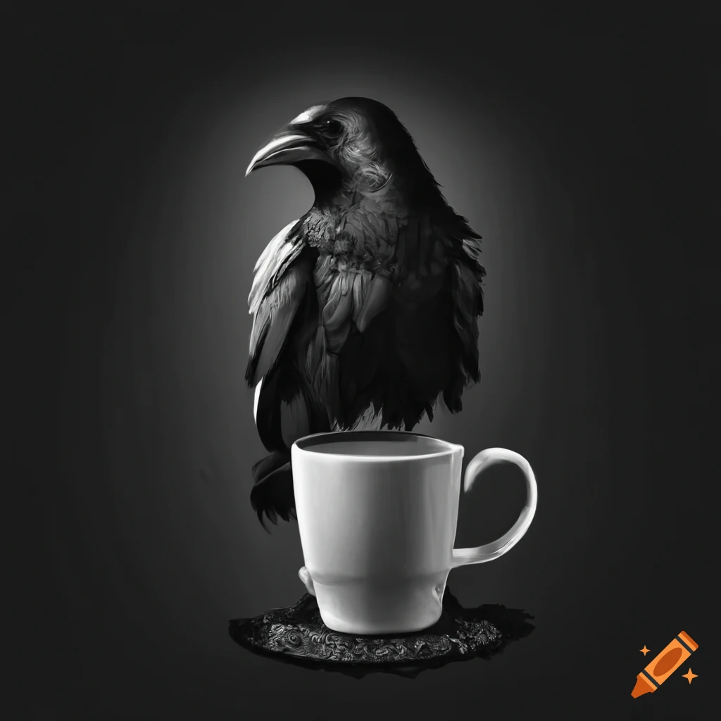 Monochrome portrait of a raven focused on a cup of coffee with Addams ...
