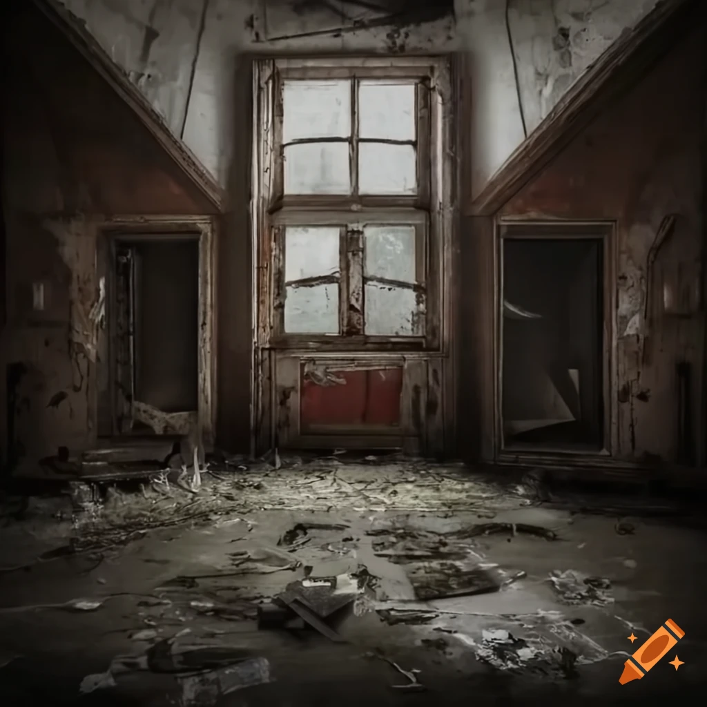 Eerie abandoned room with broken window and peeling wallpaper on Craiyon