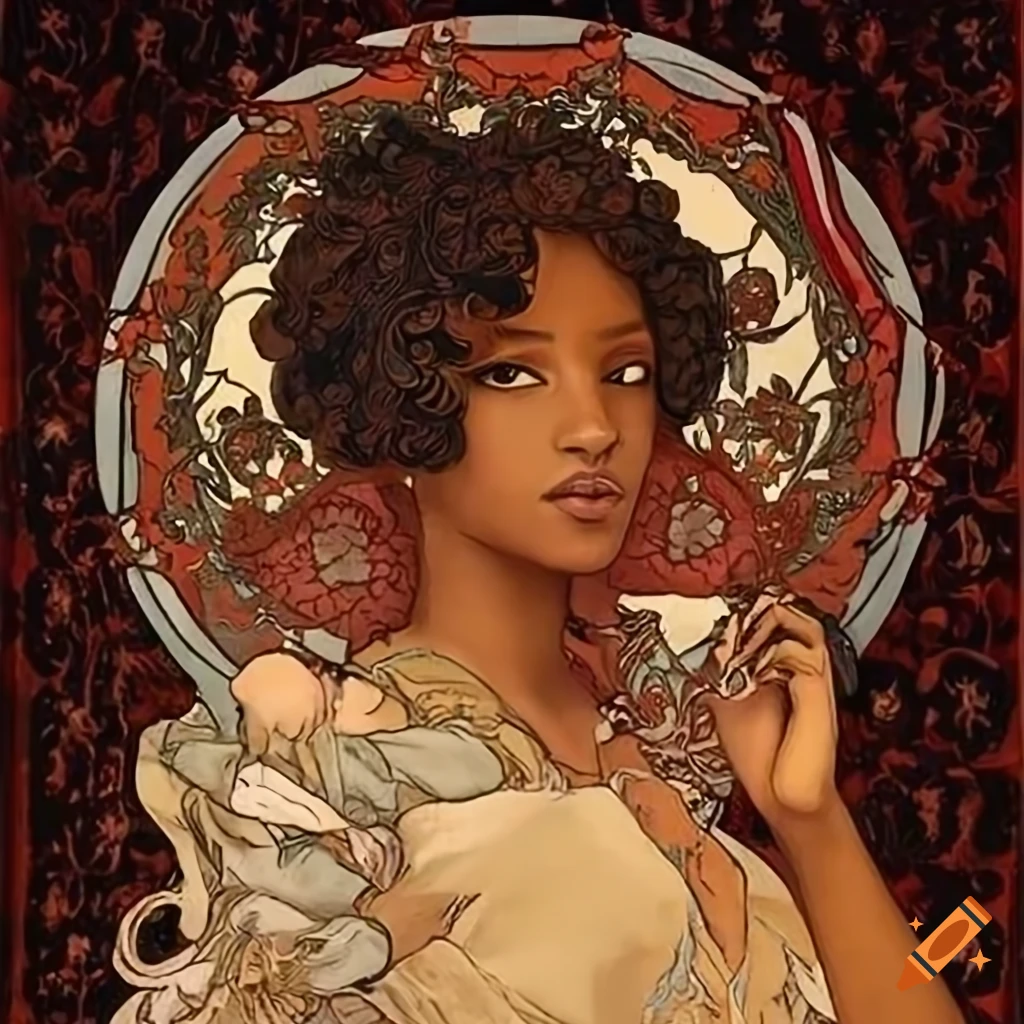 Recreation of an alfons mucha painting featuring a black woman on Craiyon