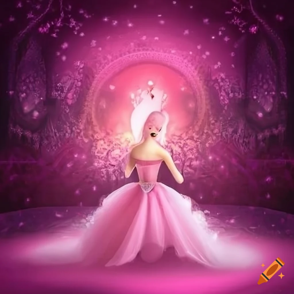 Pretty pink princess in a magical fairy landscape with a fairytale ...
