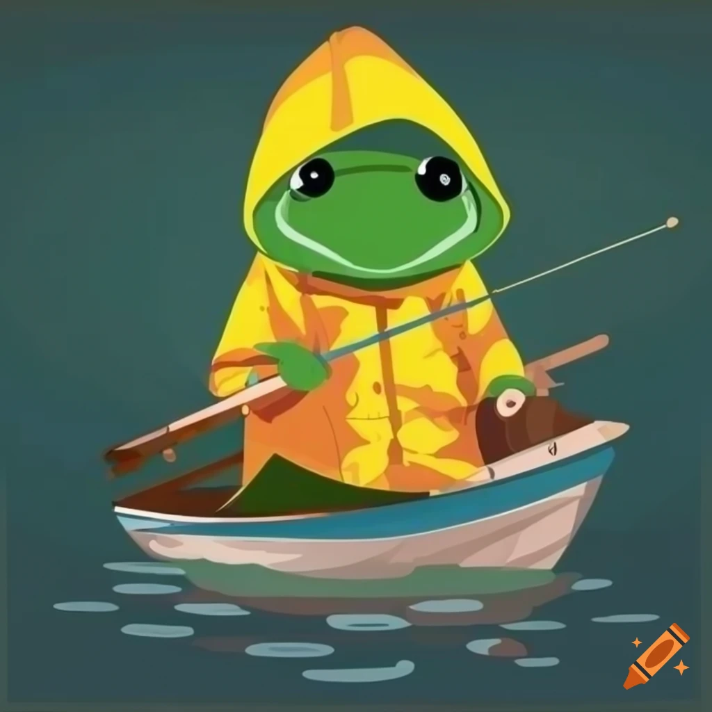Frog dressed as a fisherman on a fishing boat in a yellow raincoat on ...
