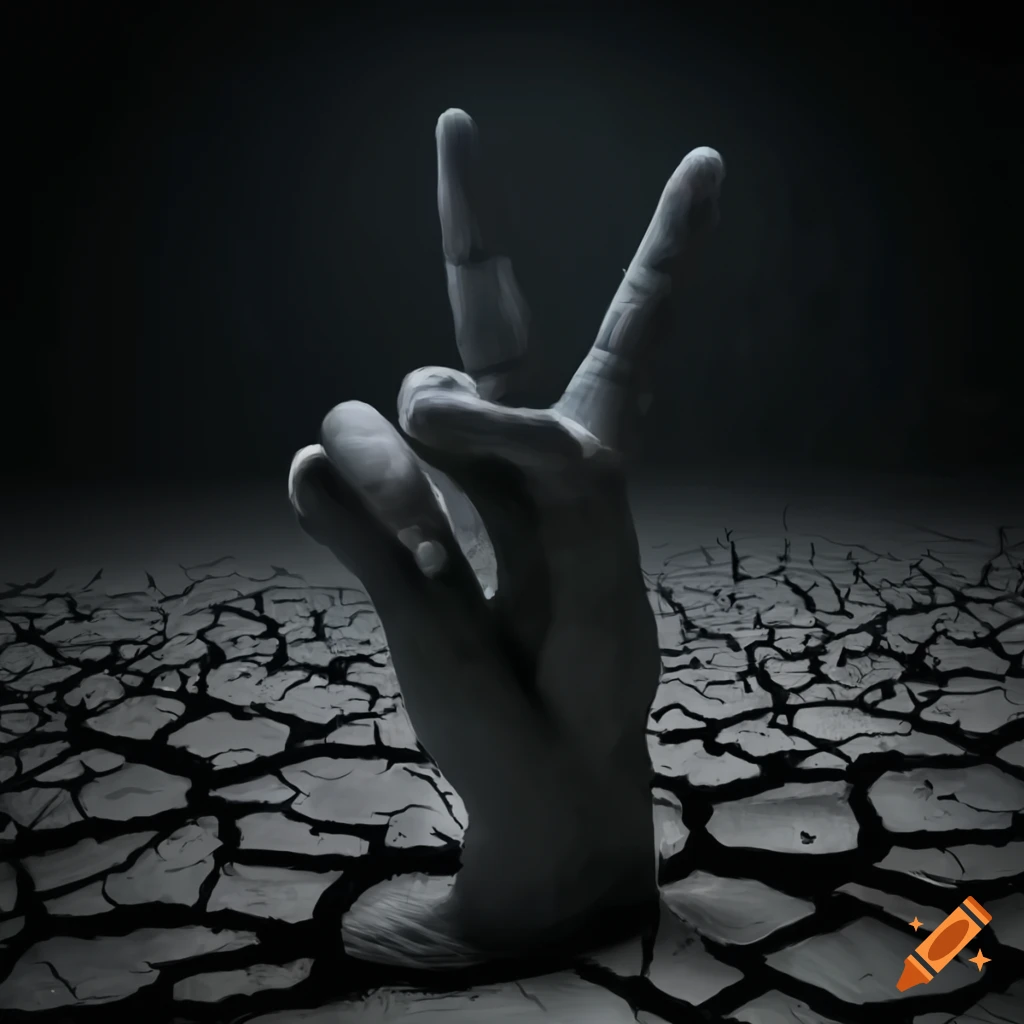 Enormous gray hand emerging from cracked ground in a fantasy night ...