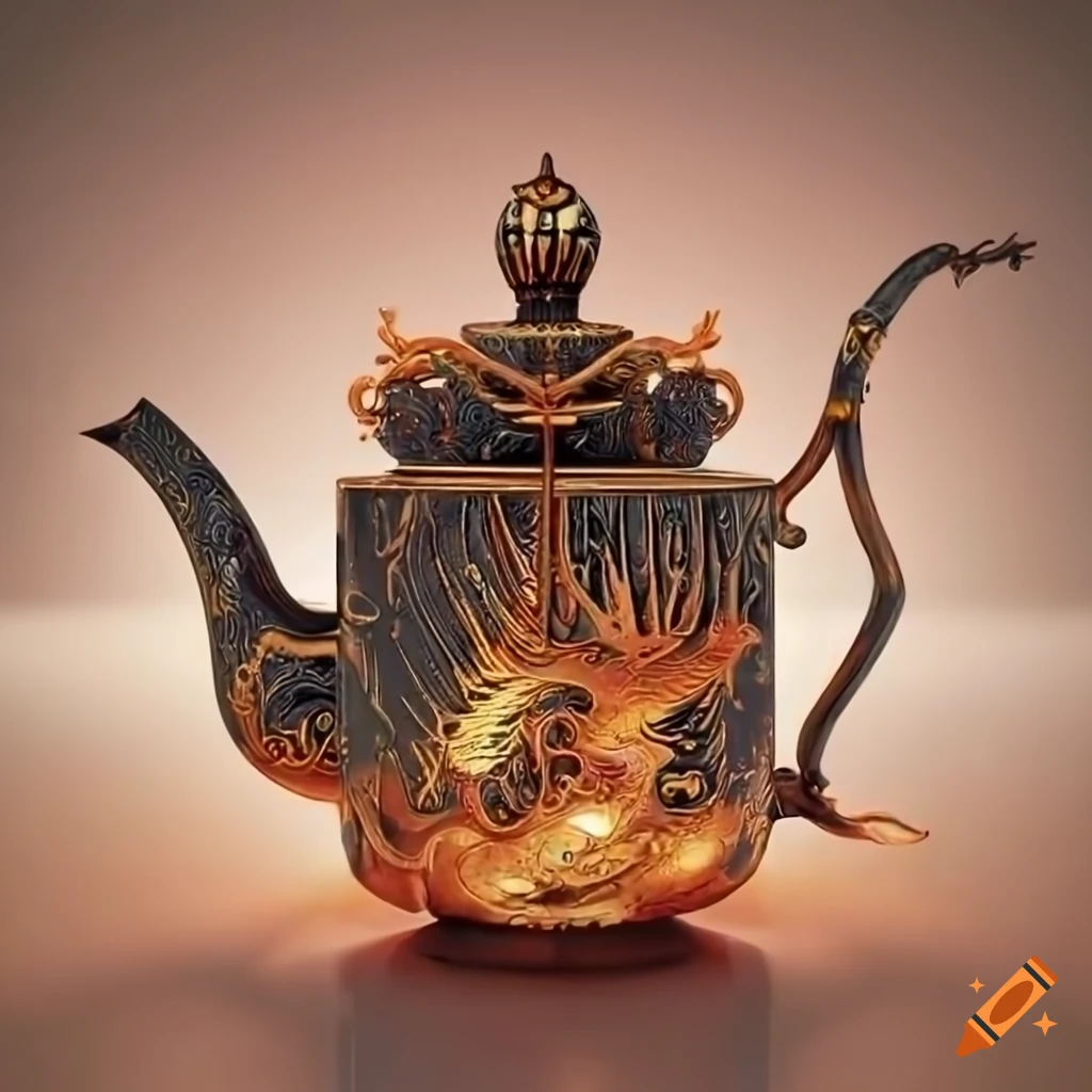 Chinese art deco tea pot with sparking electricity wires on a wood ...
