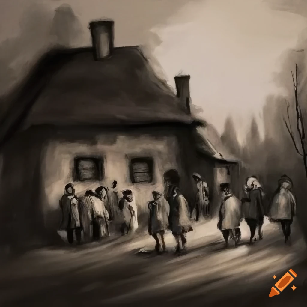 Peasants in front of a cottage house in a Polish village, charcoal ...