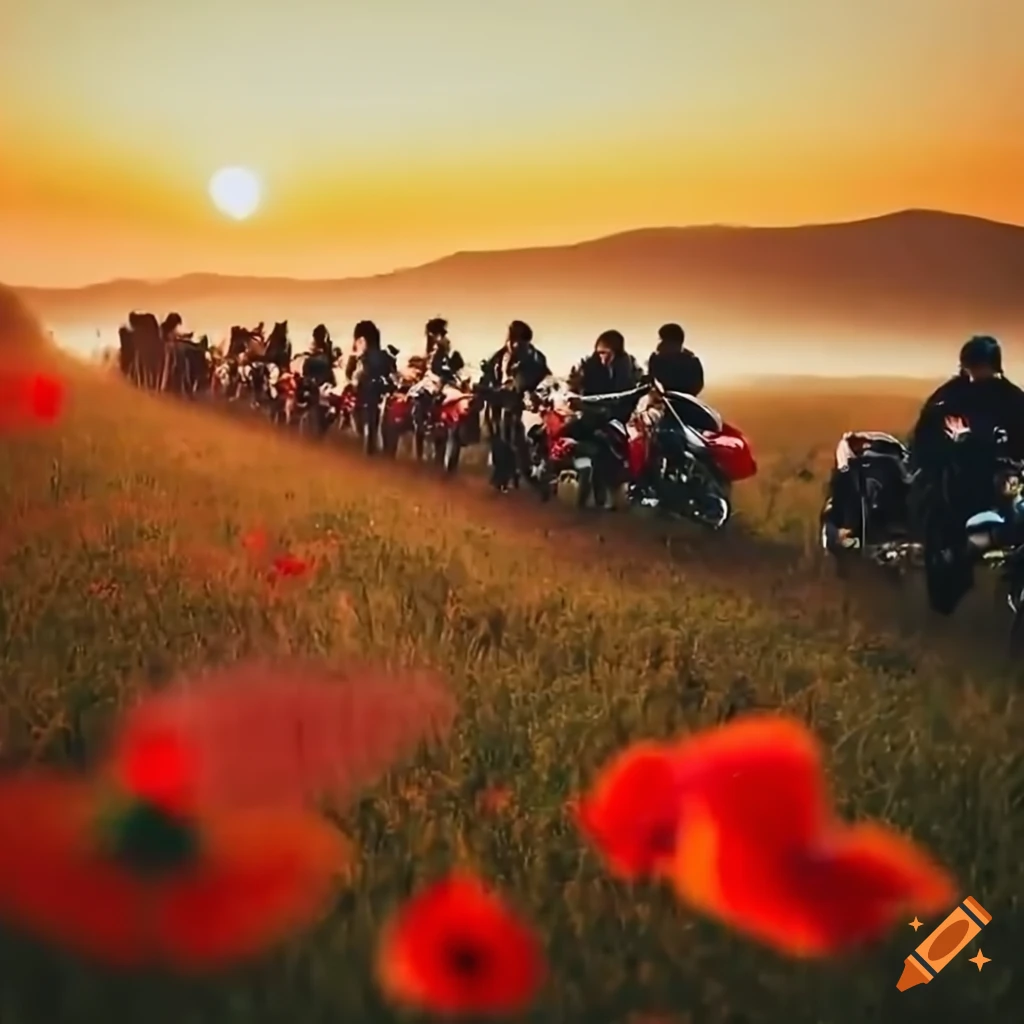 Group of bikers riding classic motorcycles through a poppy field at ...