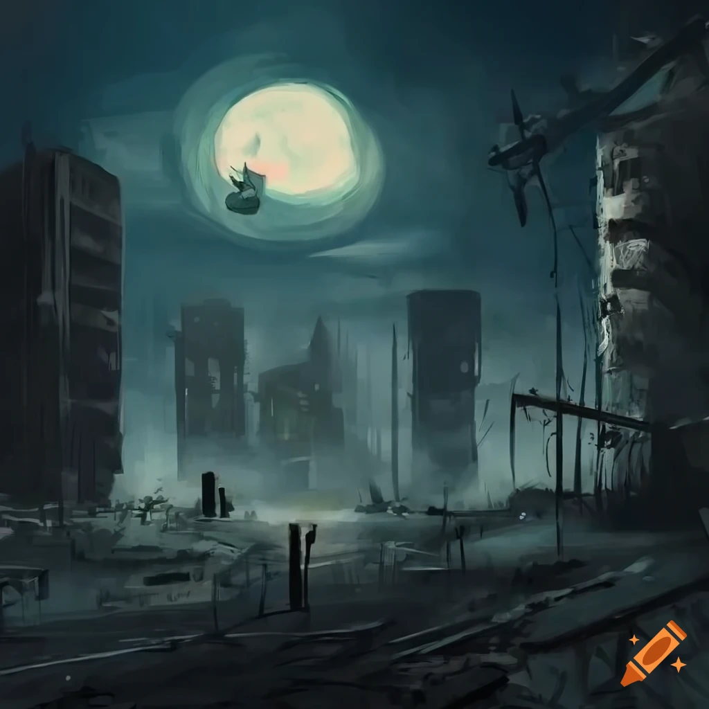 Abandoned post-apocalyptic city at night with a scavenger team ...