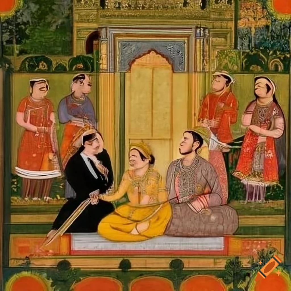 Classical Mughal painting of men in royal palace gardens on Craiyon