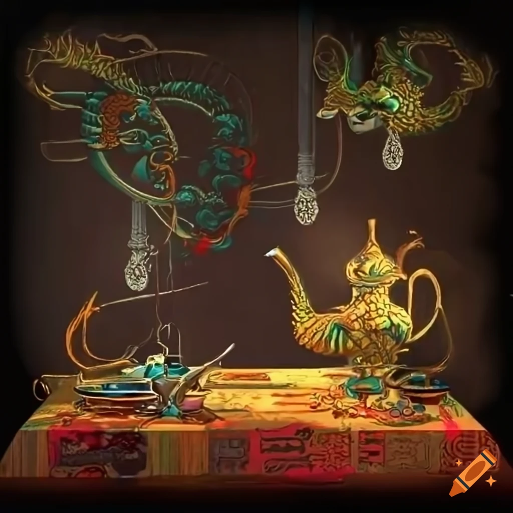 Chinese Art Deco tea pot with sparking electricity wires on a cozy ...