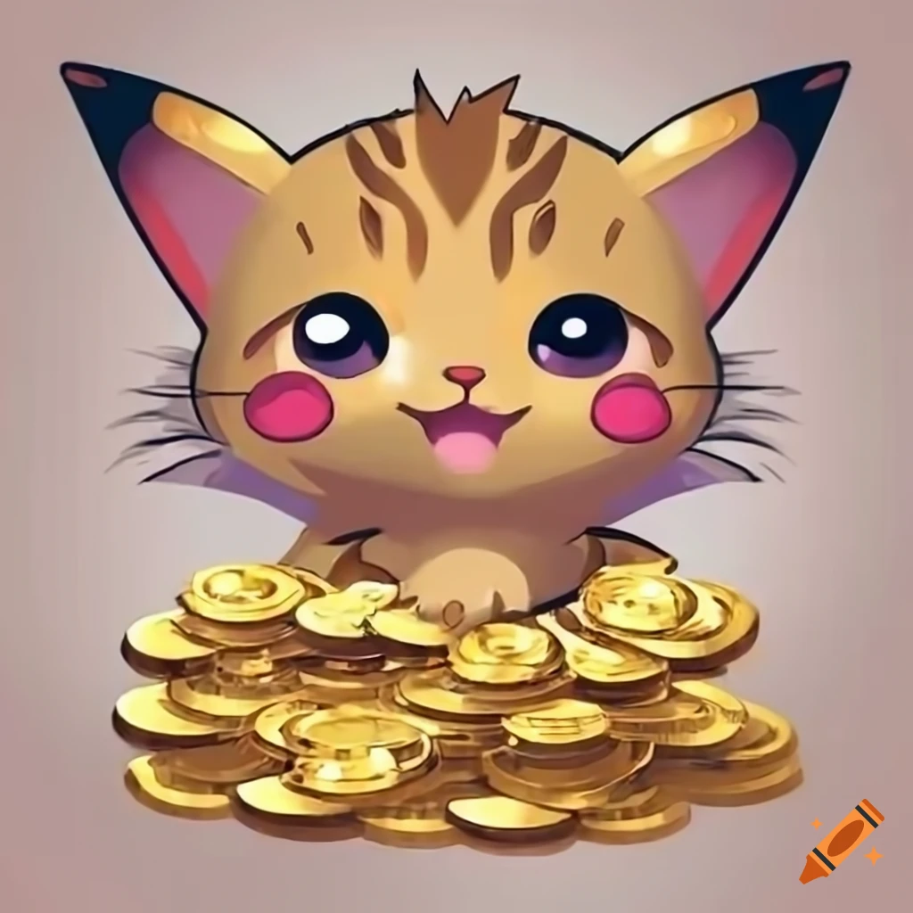 Cute happy pokémon-like kitten with gold coins on Craiyon