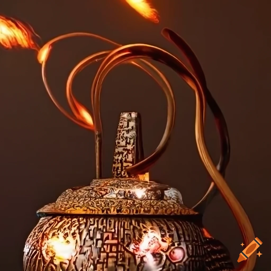 Chinese art deco tea pot with sparking electricity wires on a wood ...