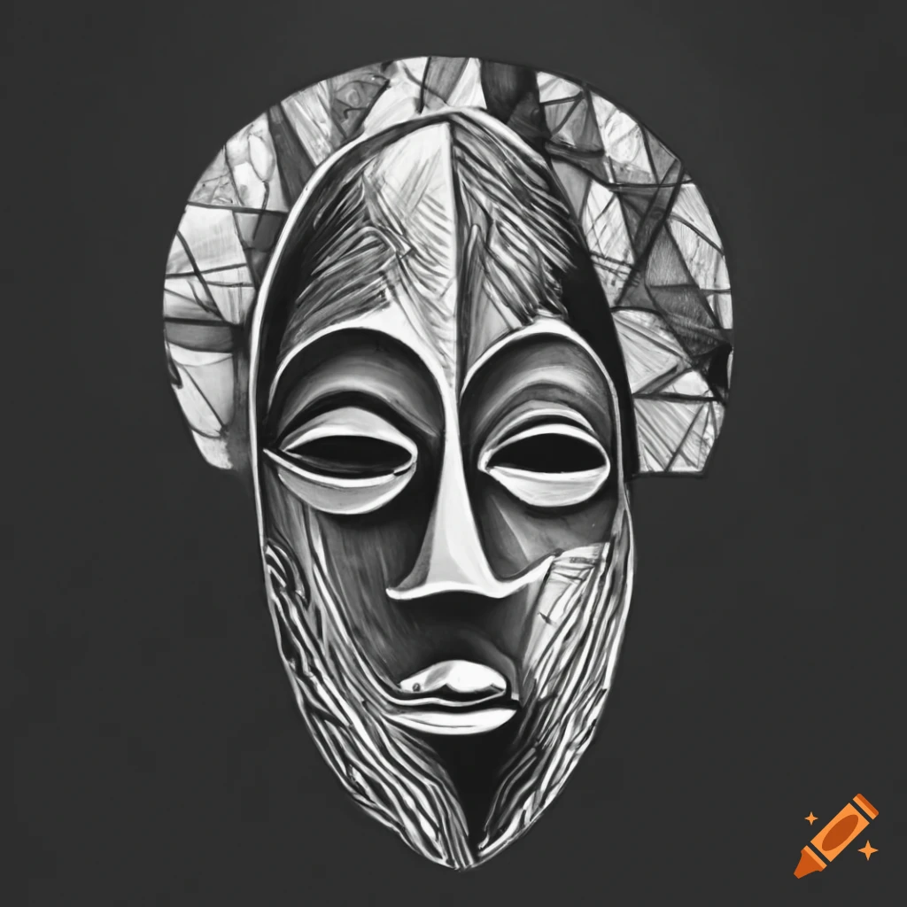 Cubism black and white drawing of an african mask on Craiyon