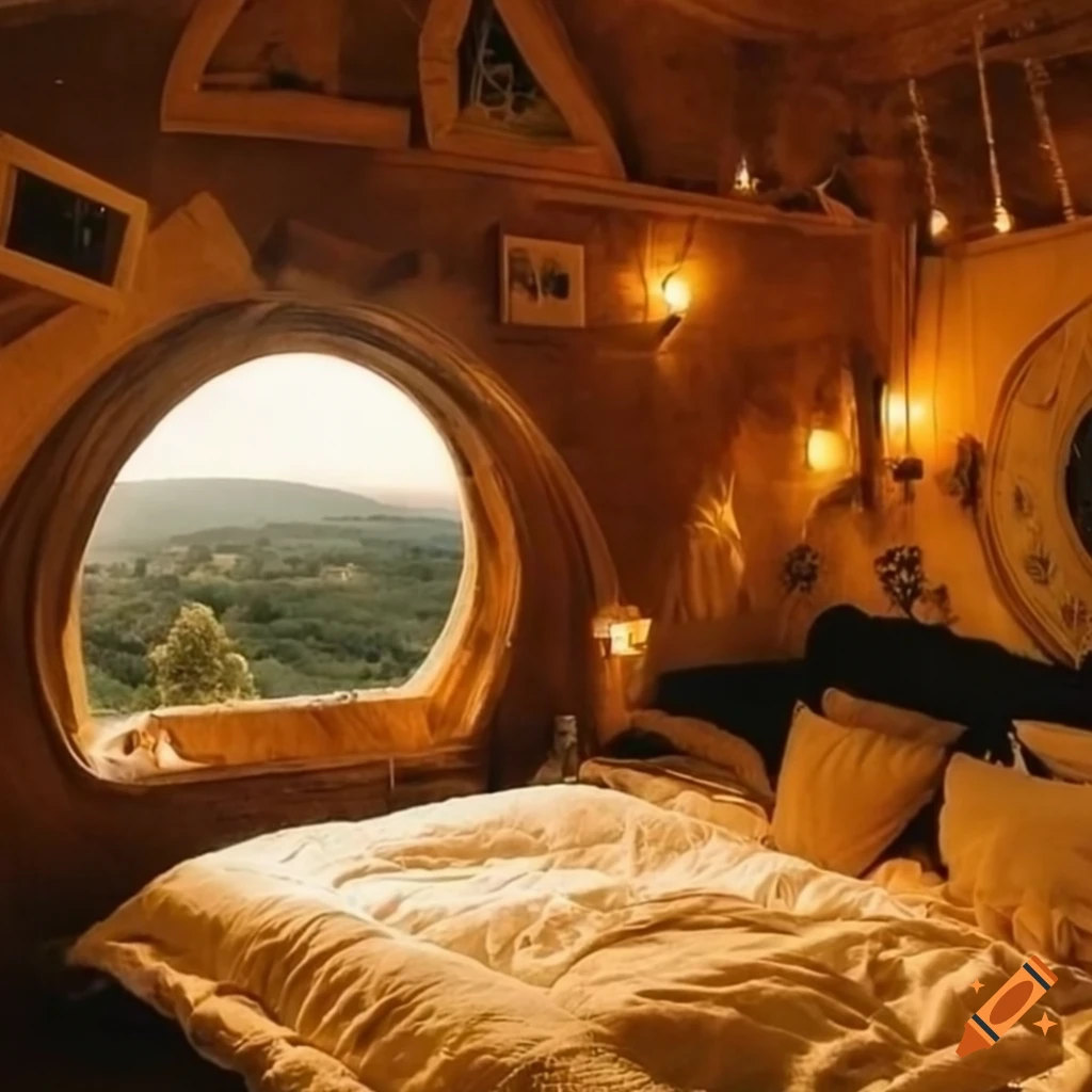 Cosy hobbit bedroom with beautiful sunrise and golden lighting on Craiyon