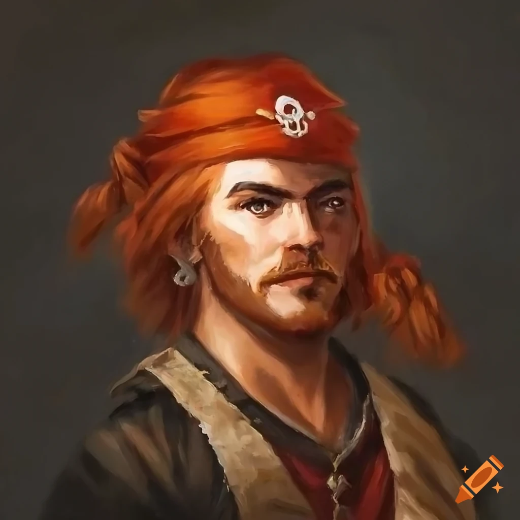 Devious male pirate with bushy copper hair in a java oil painting on ...