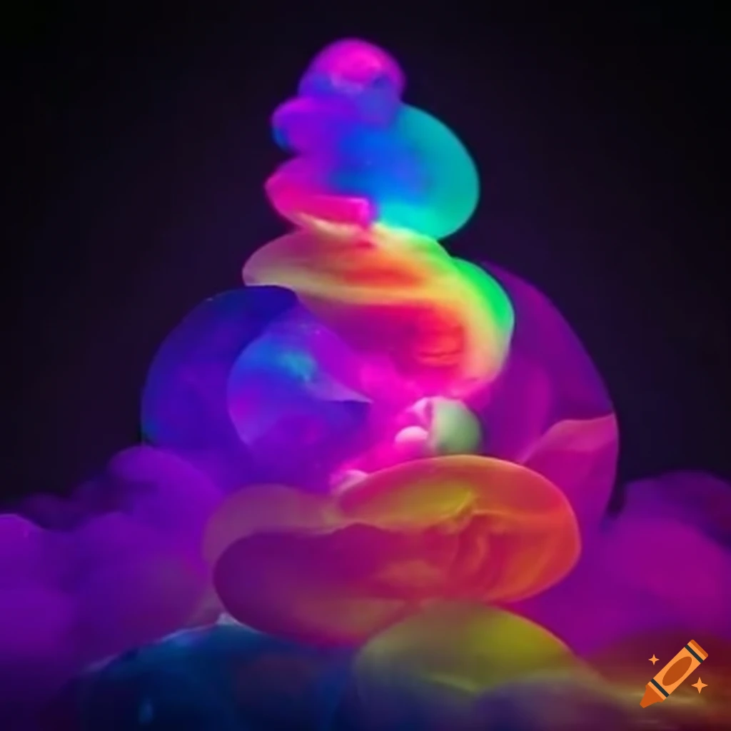 Stack of floating gems with vibrant colors in misty surroundings on Craiyon