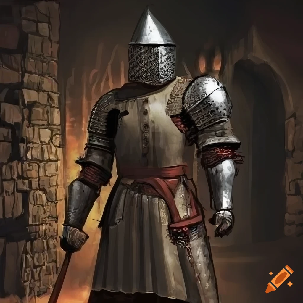 Medieval guard near a dungeon entrance in a gloomy setting on Craiyon