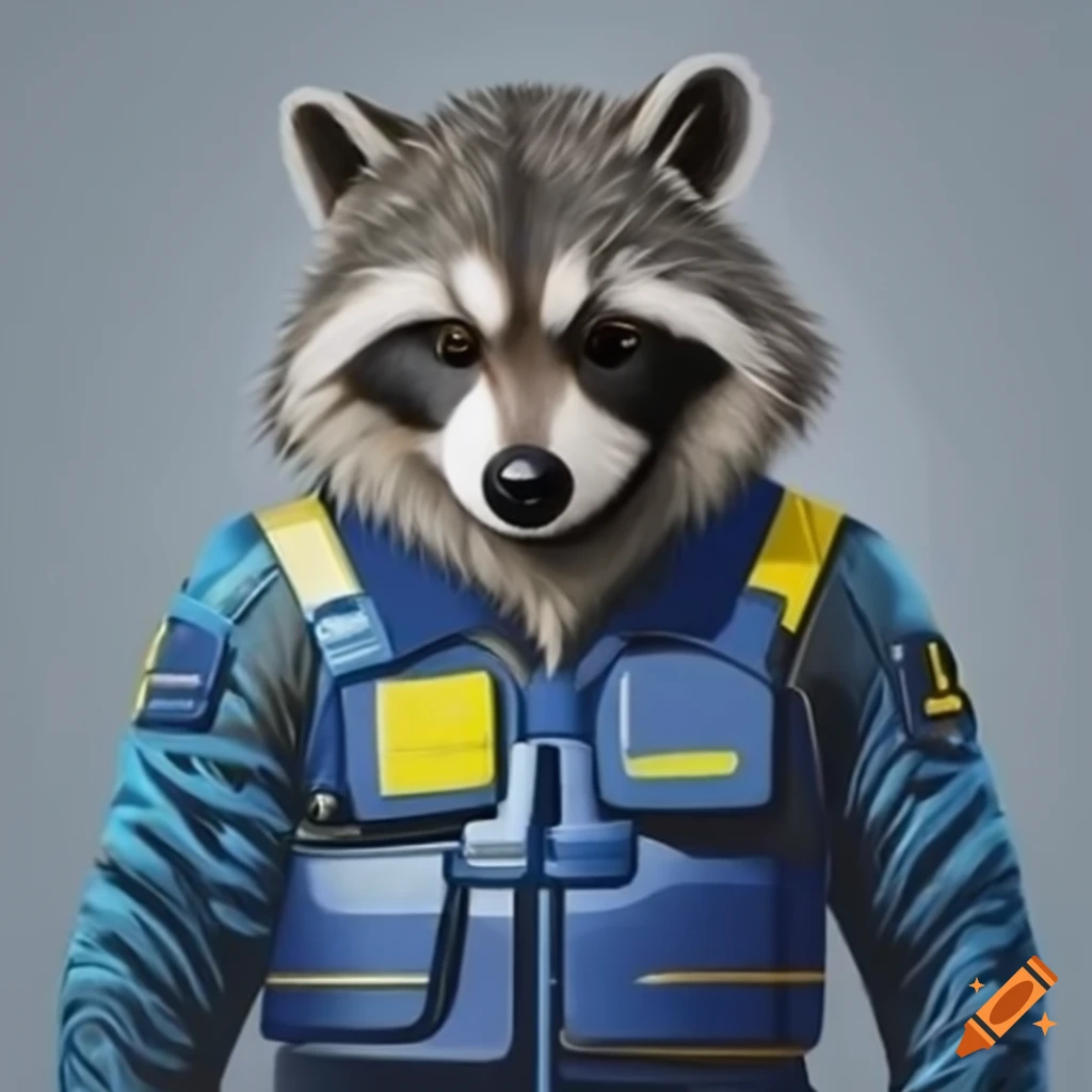 Realistic portrait of a strong anthro furry raccoon in a blue ...