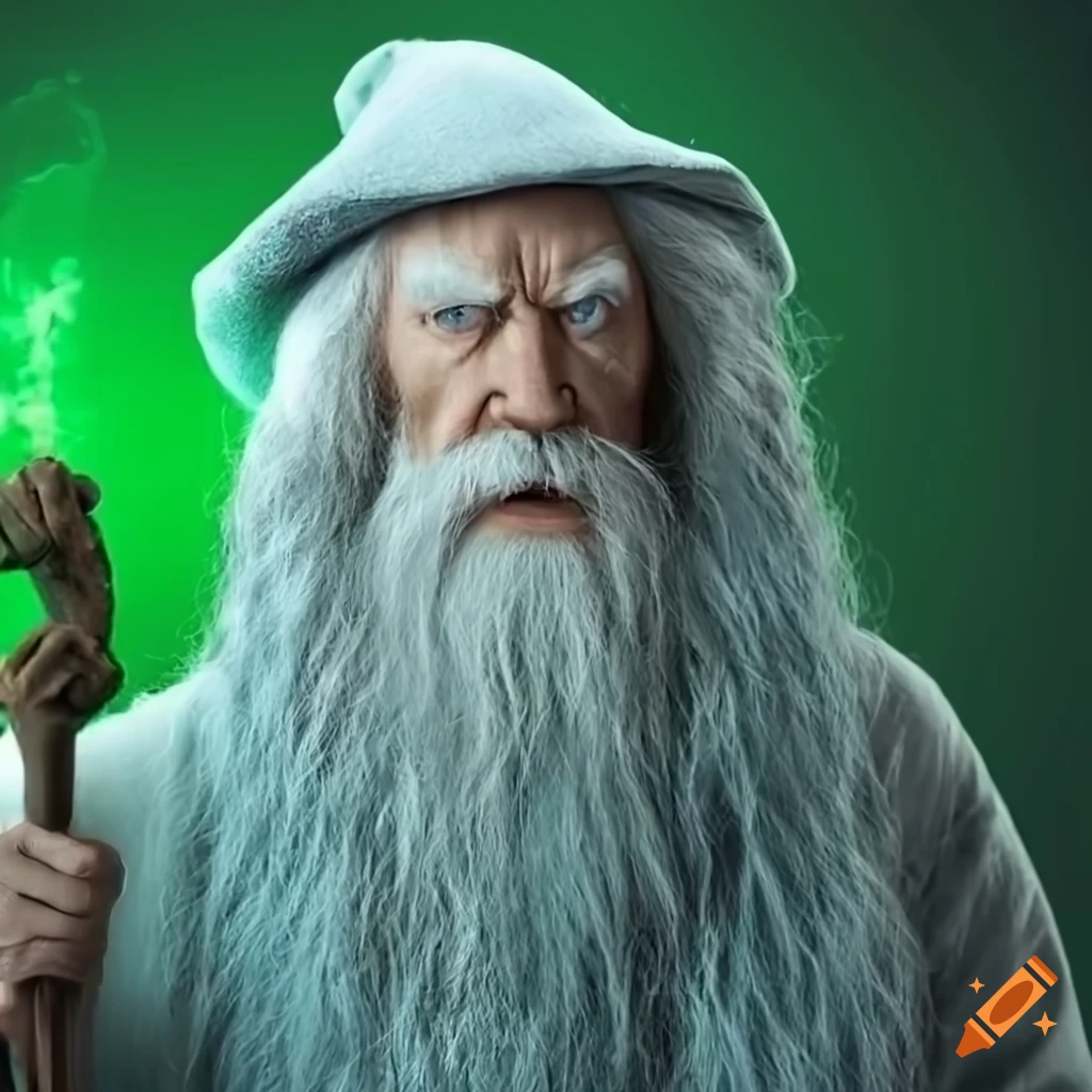 Middle-aged wizard with classic hat and staff on green screen on Craiyon