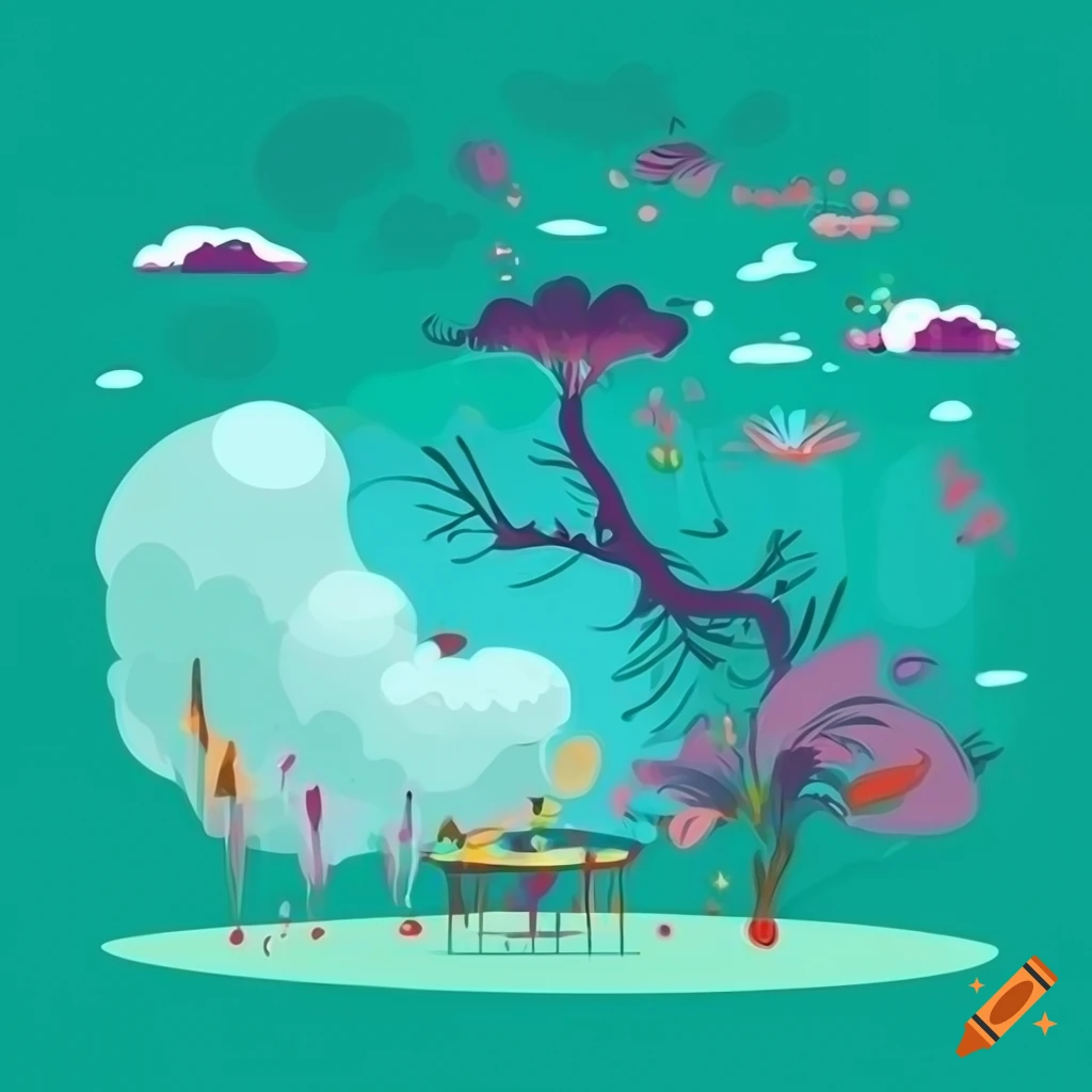 Abstract flat design scene with surrealistic elements and clear sky on ...