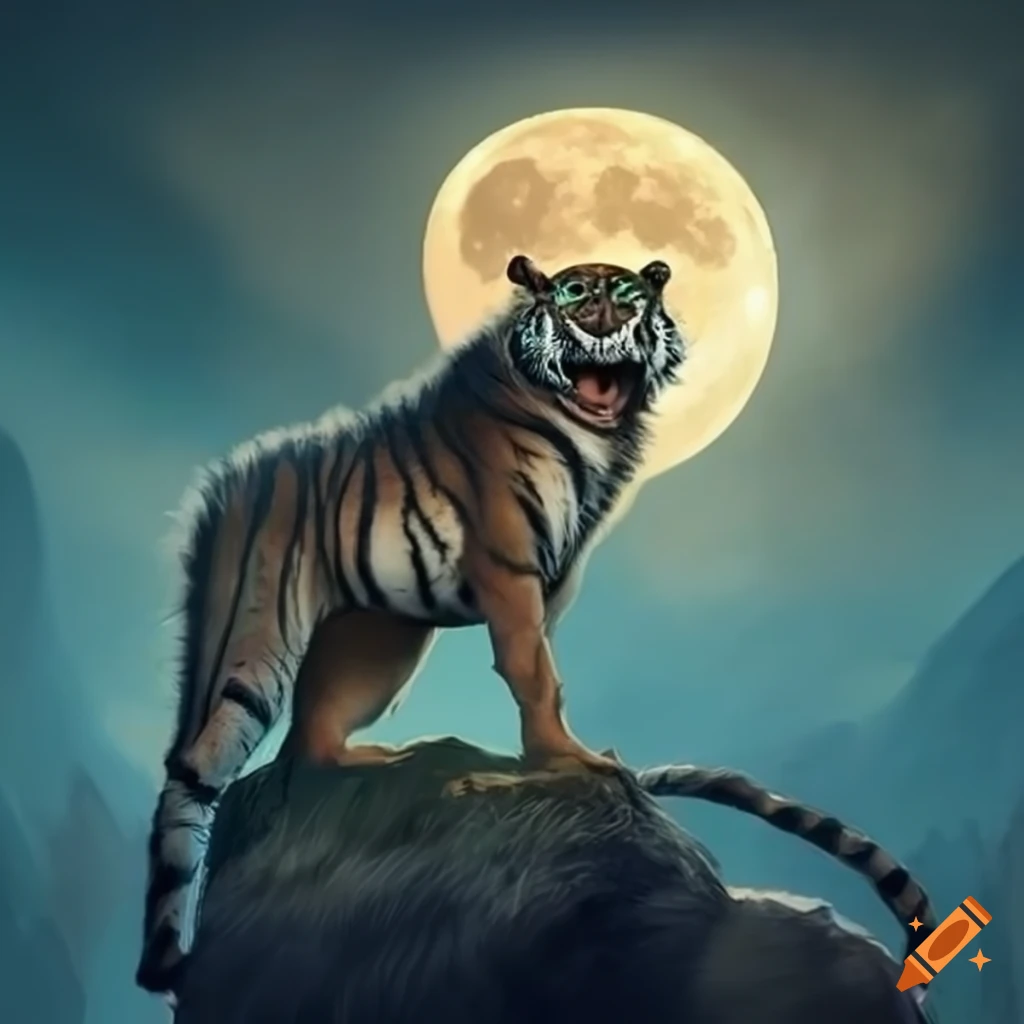Wolf-tiger hybrid howling at the full moon on a fantasy book cover on ...