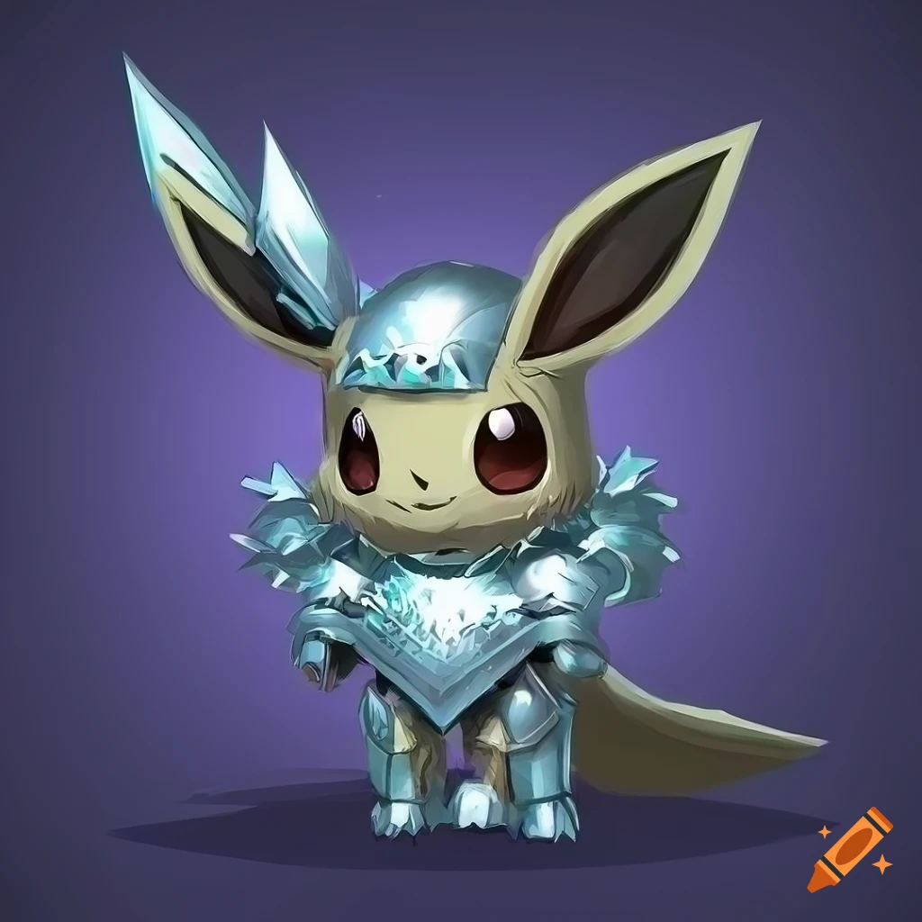 Eevee in shiny silver knight armor sitting regally on Craiyon