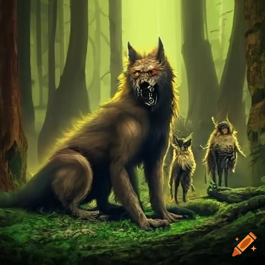 Group of fantasy werewolves in a mystical forest on Craiyon