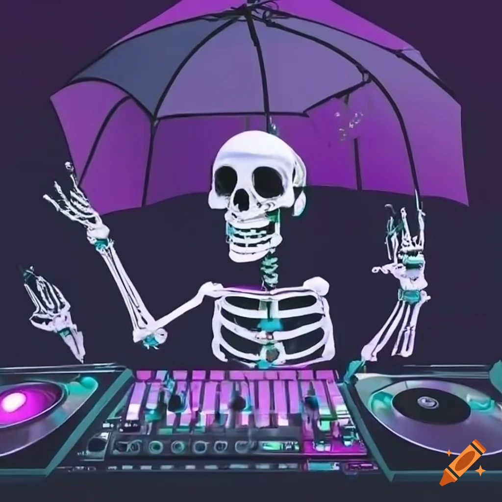 Colorful skeletons djing under a purple umbrella on Craiyon