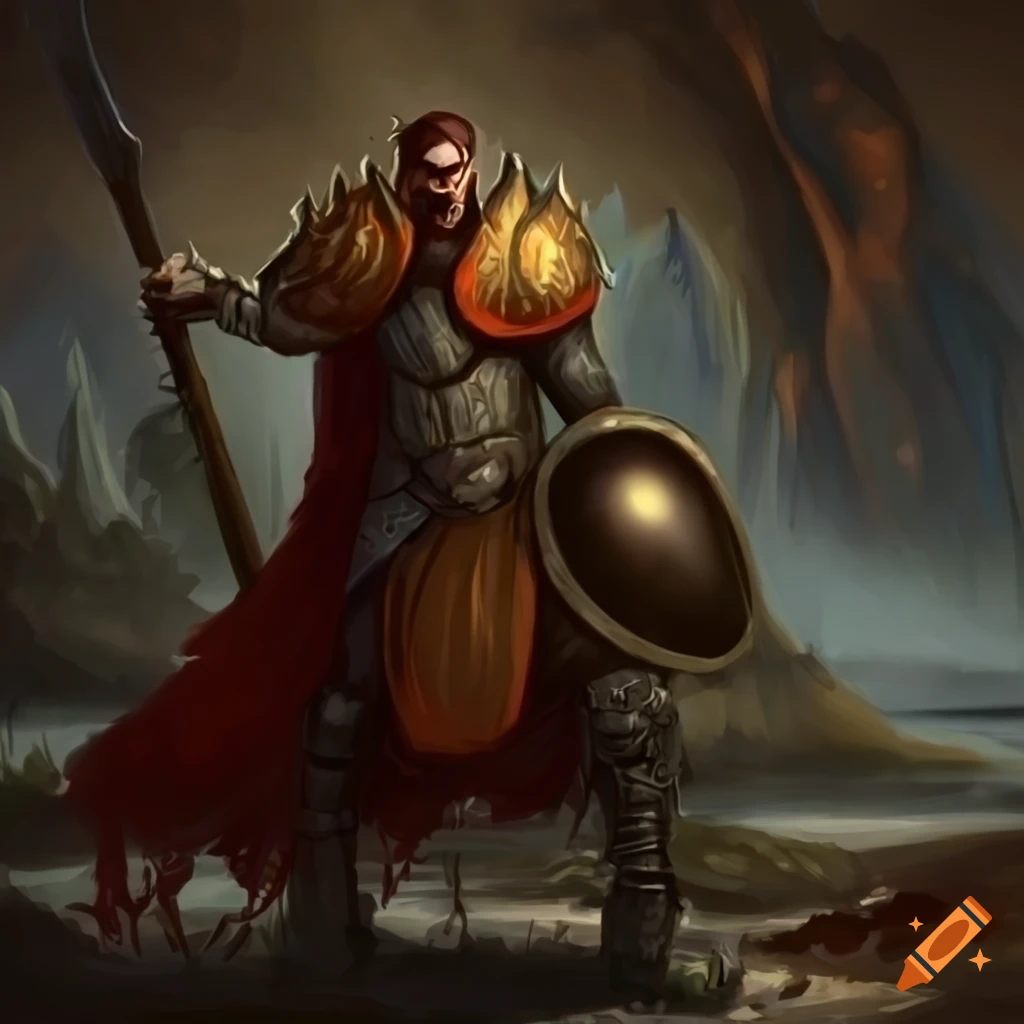 Human Paladin battling skeletons at a lake with hellbard and shield on ...