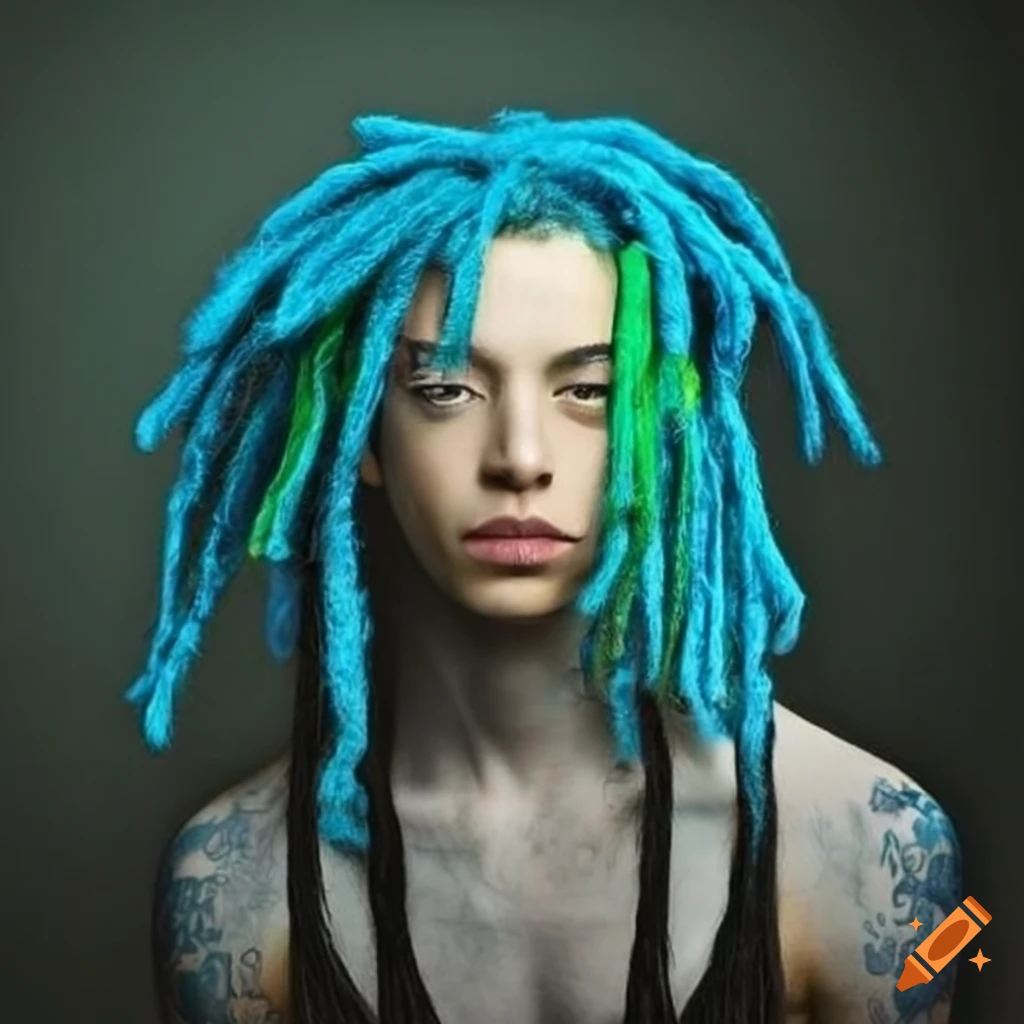 Male and female individuals with green dreadlocks and blue hair on Craiyon
