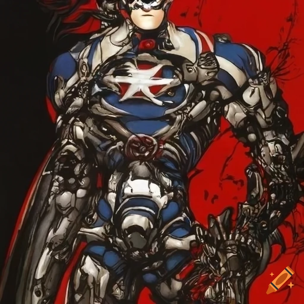 Captain America as a knight cyborg in Yoshitaka Amano style on Craiyon