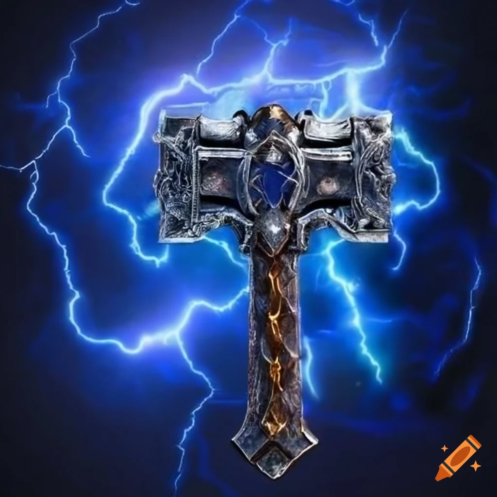 Divine war hammer in silver metal with blue lightning on an electric ...