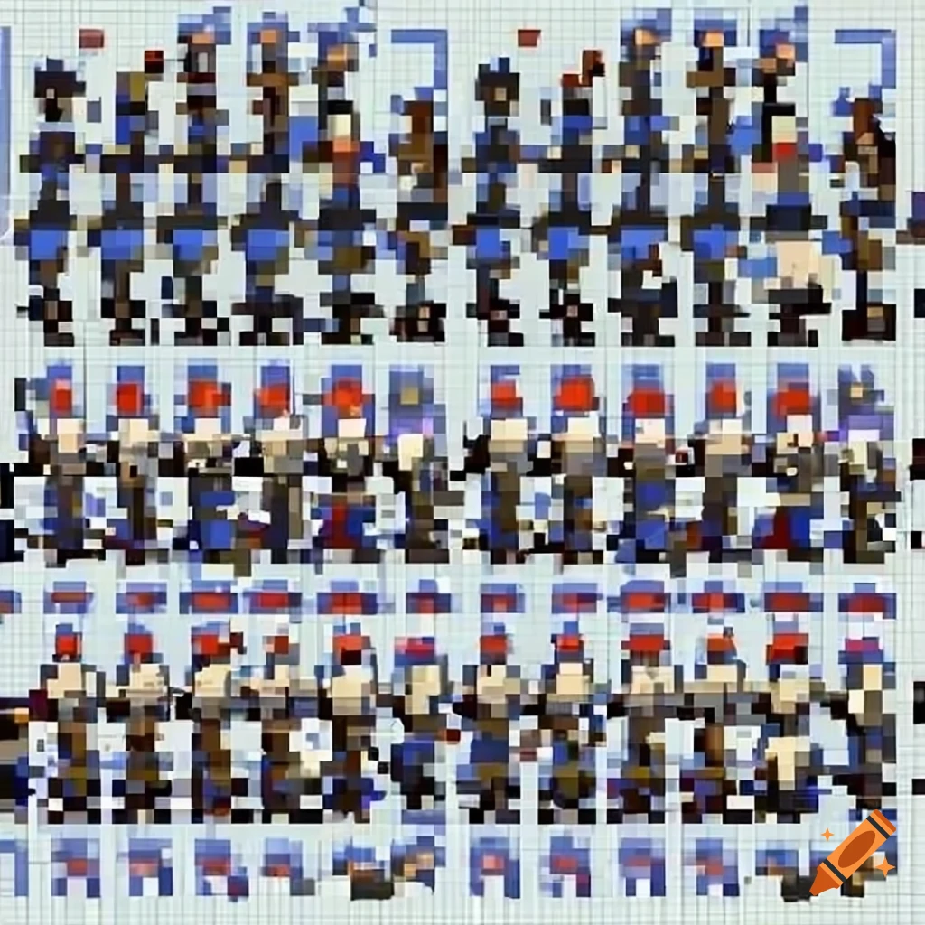 Pixel art sprite sheet of an 8-directional witch character on Craiyon