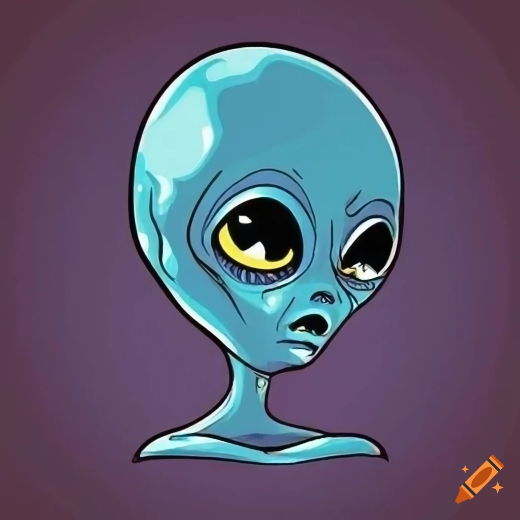 Sad blue alien with black eyes in an 80s cartoon style on Craiyon