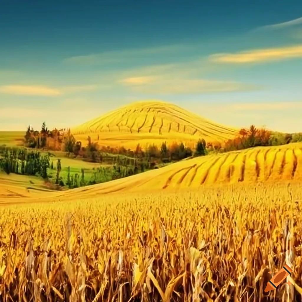 Beautiful rolling hills of golden corn on Craiyon