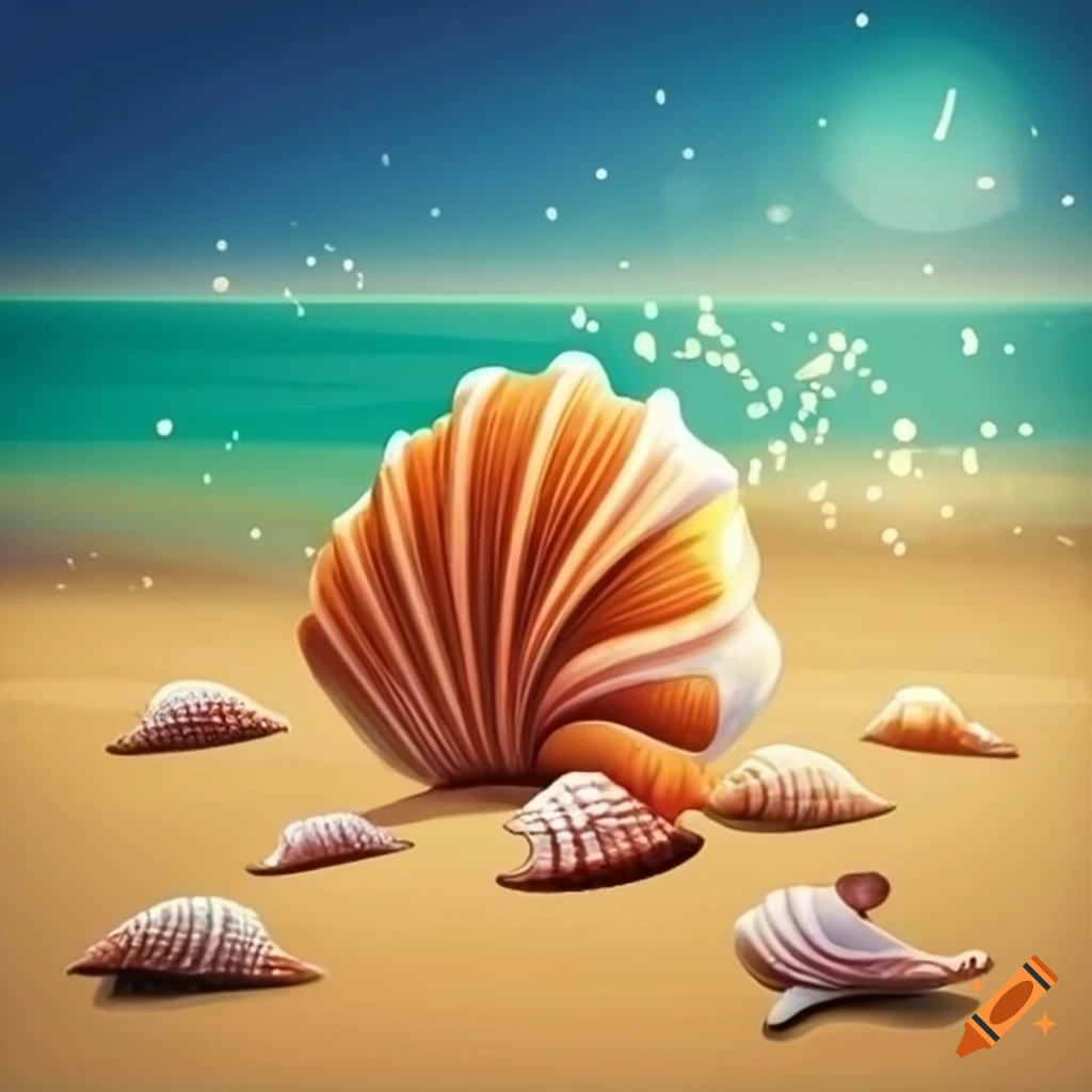 Cartoon seashells on the beach on Craiyon