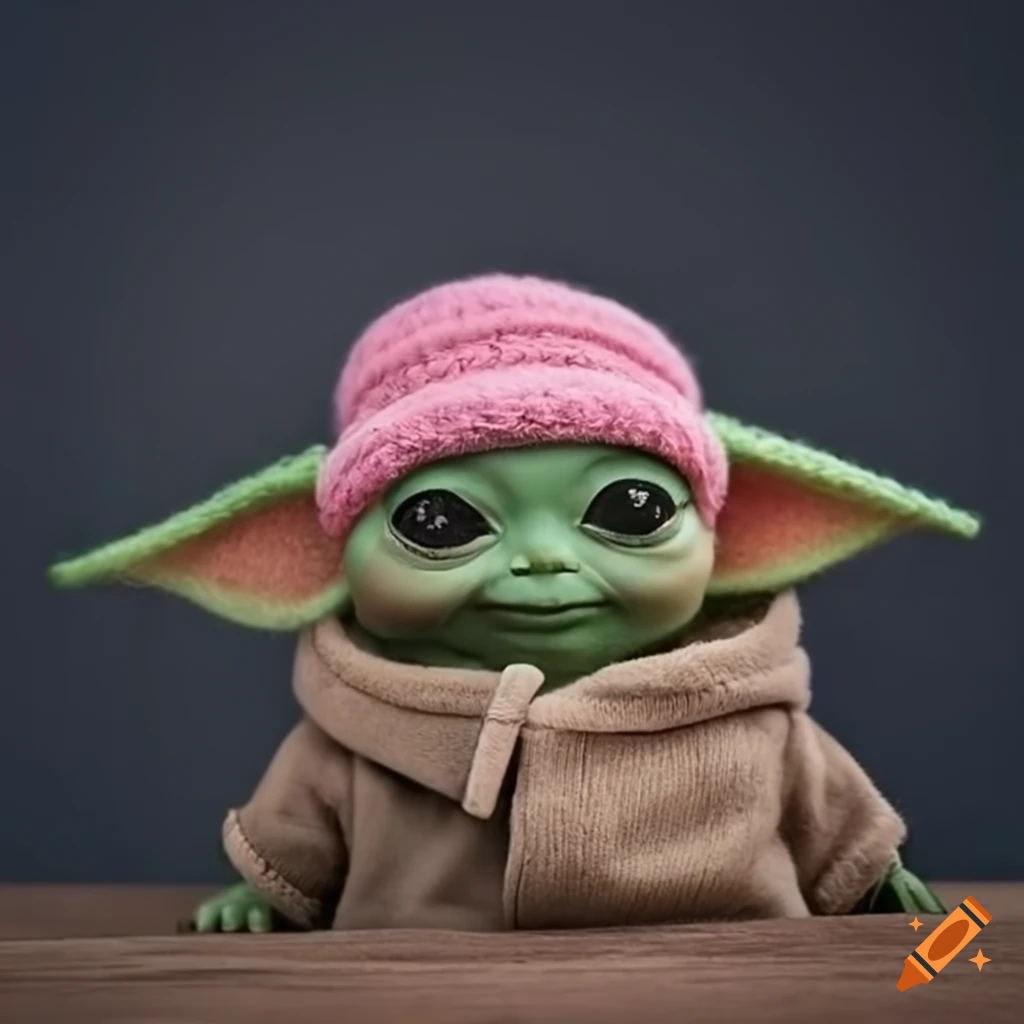 Baby yoda wearing a pink wool hat on Craiyon