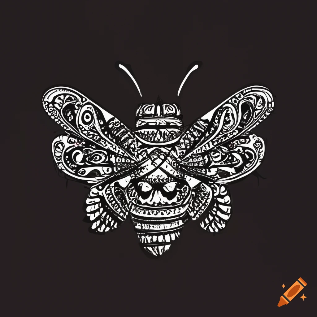 Black and white cute bee in vector style with black henna design on Craiyon
