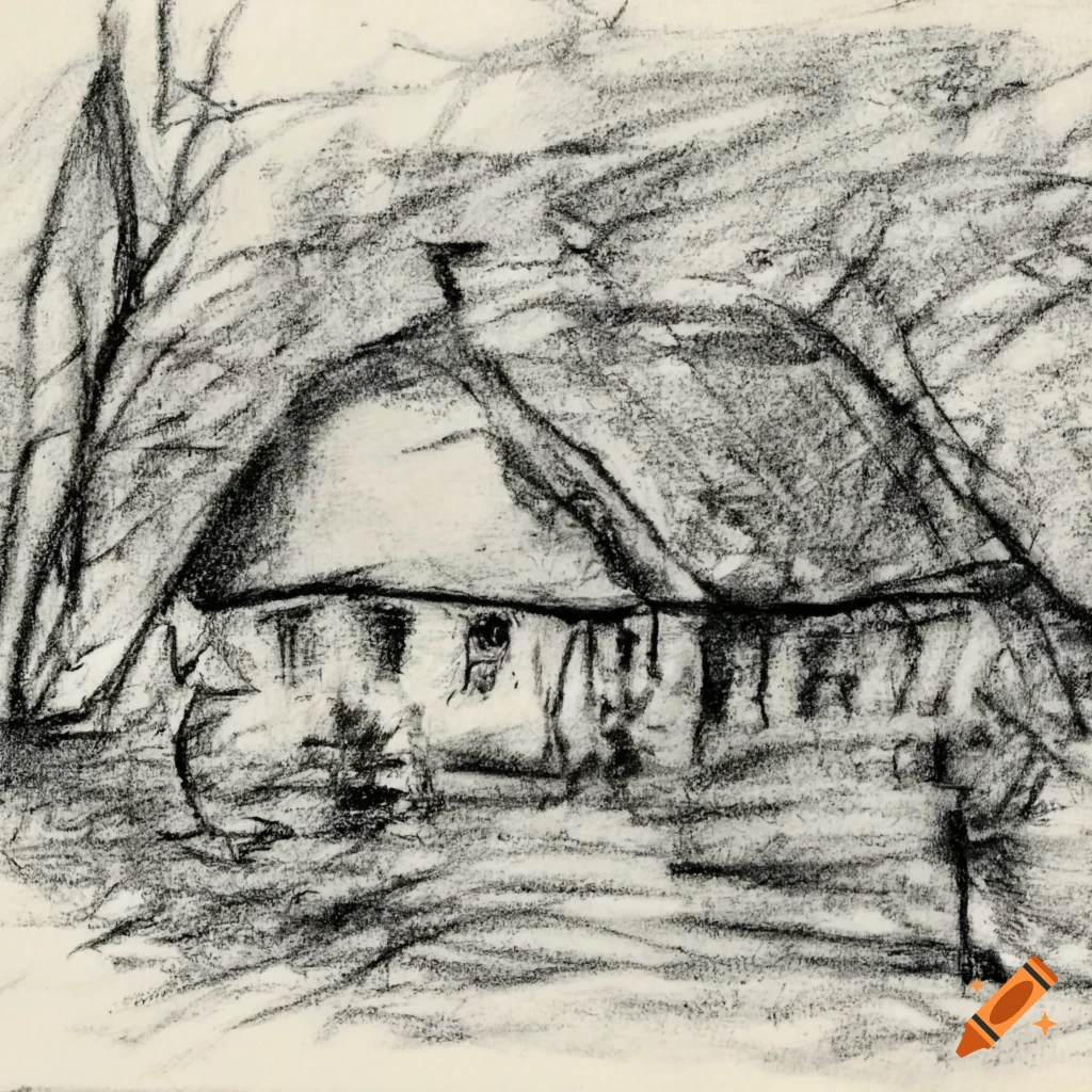 Peasants in front of a cottage house in a Polish village charcoal ...