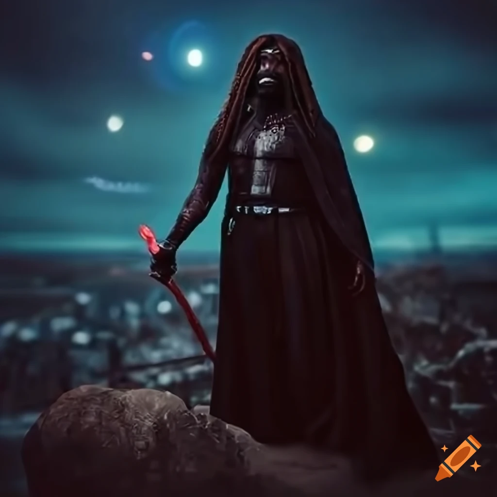 Dark side sith lord of african descent overlooking a mega city in a ...