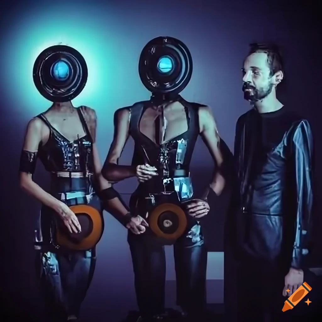Retro-futuristic biomechanical band playing futuristic music in a ...