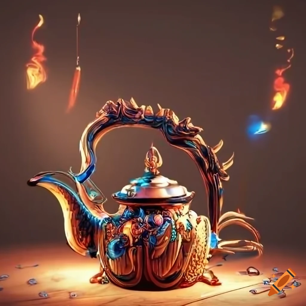 Chinese art deco tea pot with sparking electricity wires on a wood ...