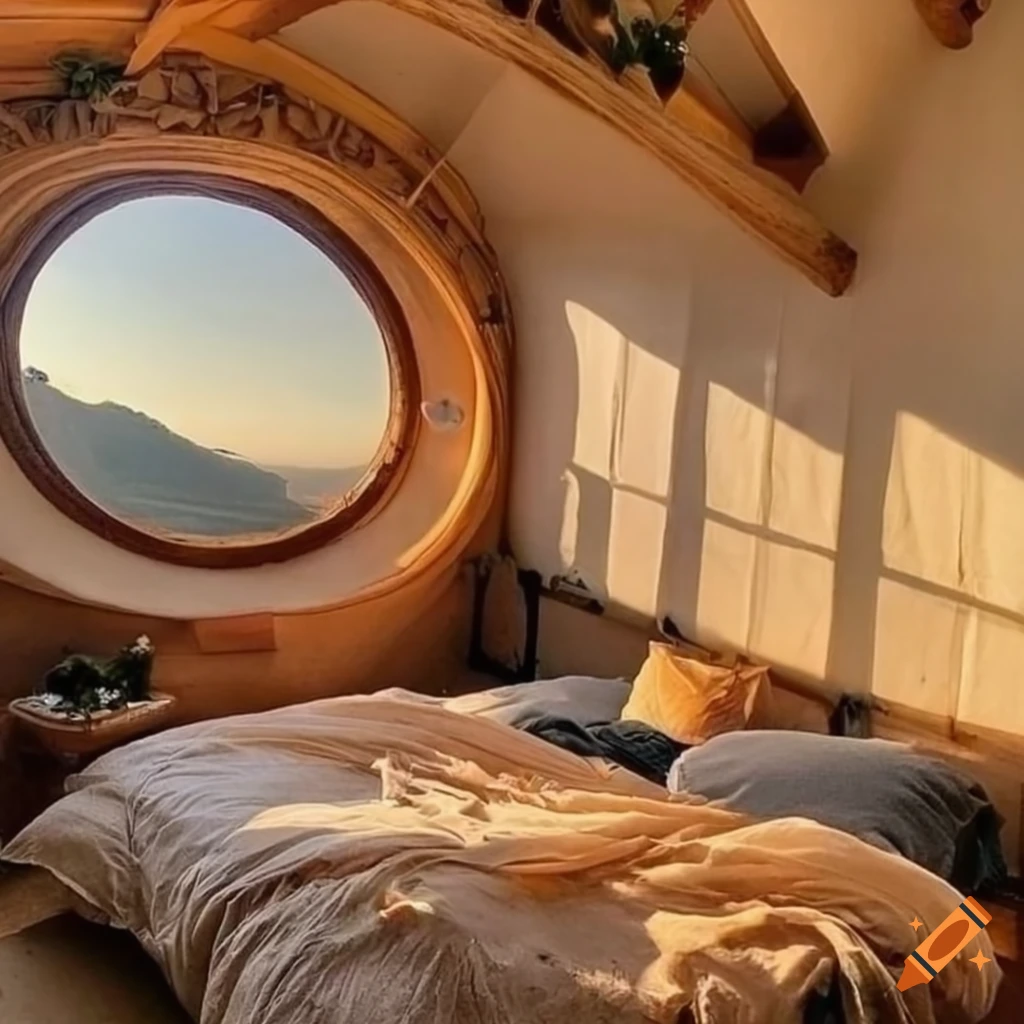 Cozy hobbit bedroom with beautiful sunrise and golden lighting on Craiyon