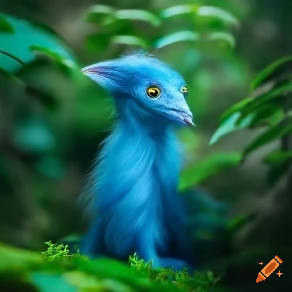 Enchanting forest creature with blue fur hiding in lush foliage on Craiyon