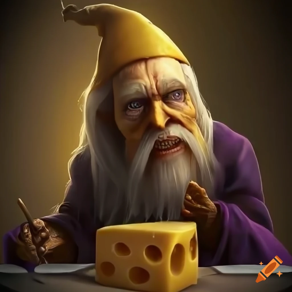 Cheese wizard conjuring a block of cheese in hd photorealistic detail ...