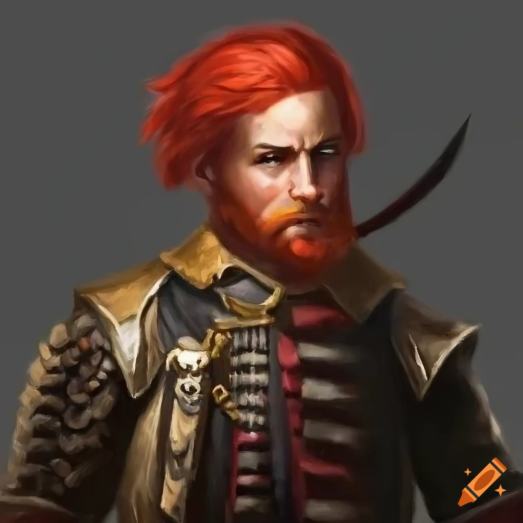 Short pirate with red hair and armor in a Java oil painting on Craiyon