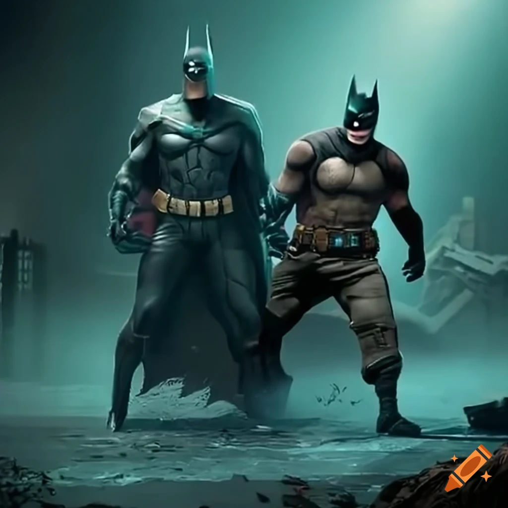 Intense battle scene between Bane and Batman in a dark cityscape on Craiyon