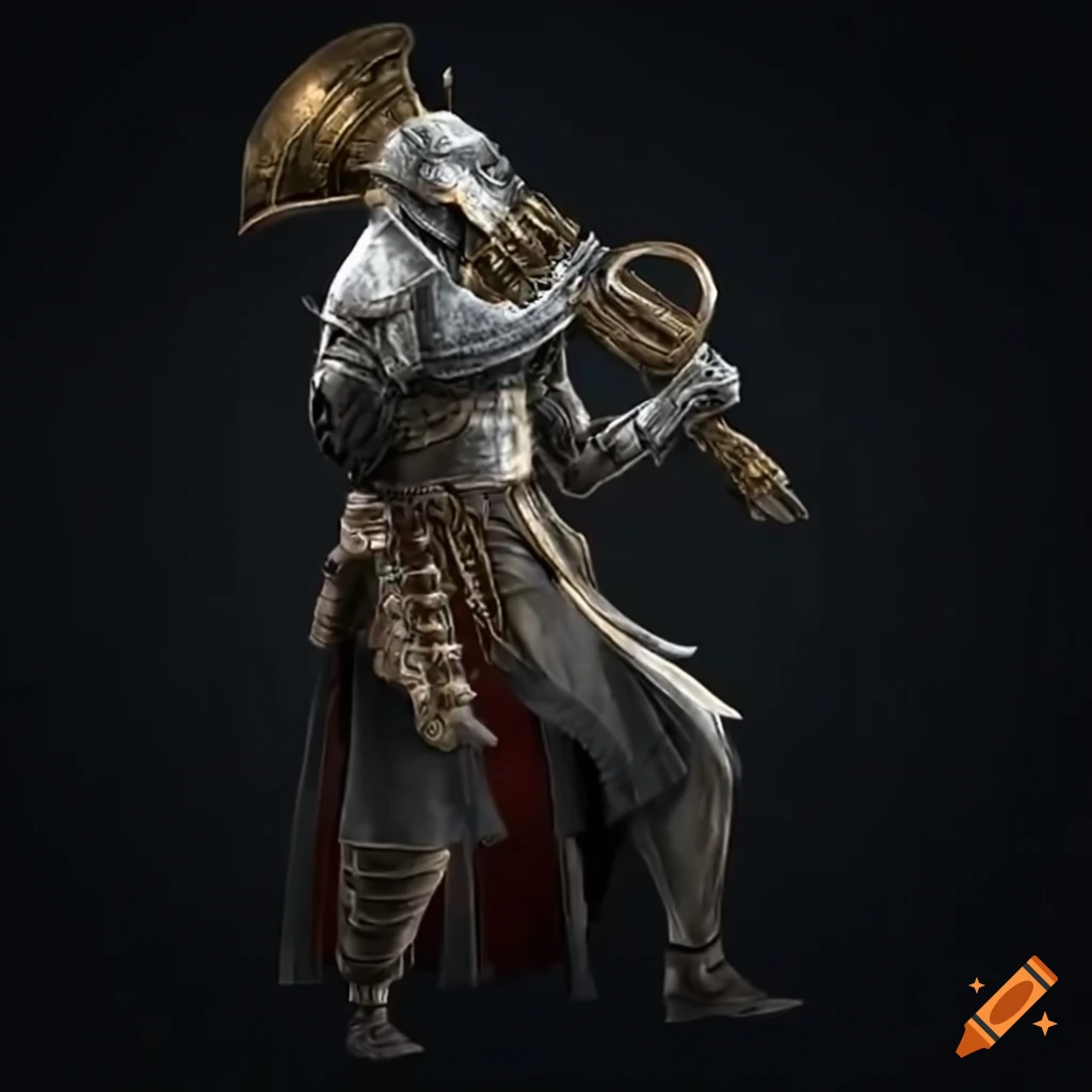 Dark souls knight playing a tuba in a heroic pose on Craiyon