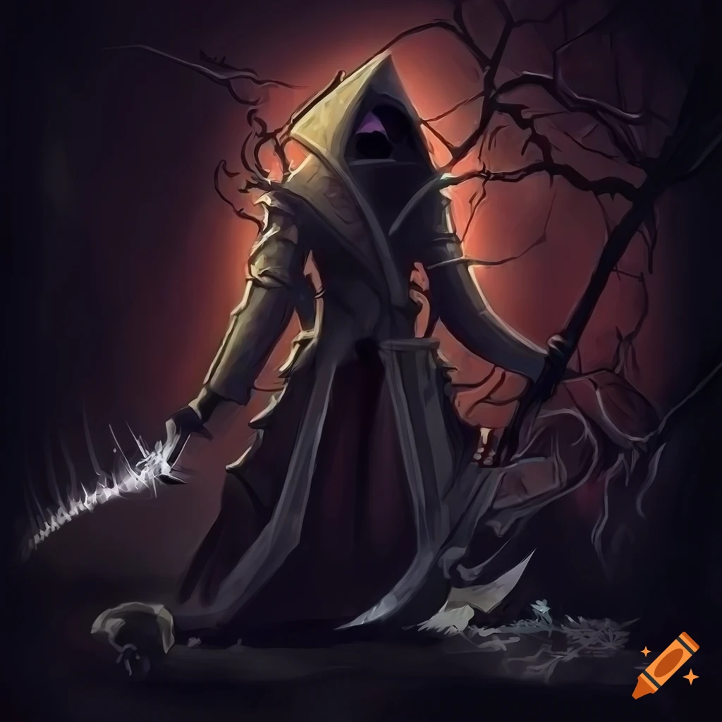 Mecha grim reaper with laser scythe in a surreal fantasy setting on Craiyon