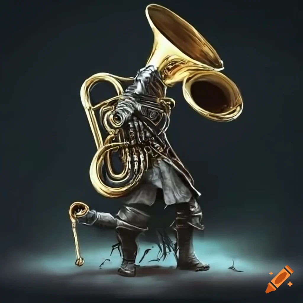 Dark Souls knight playing a tuba in a heroic pose on Craiyon